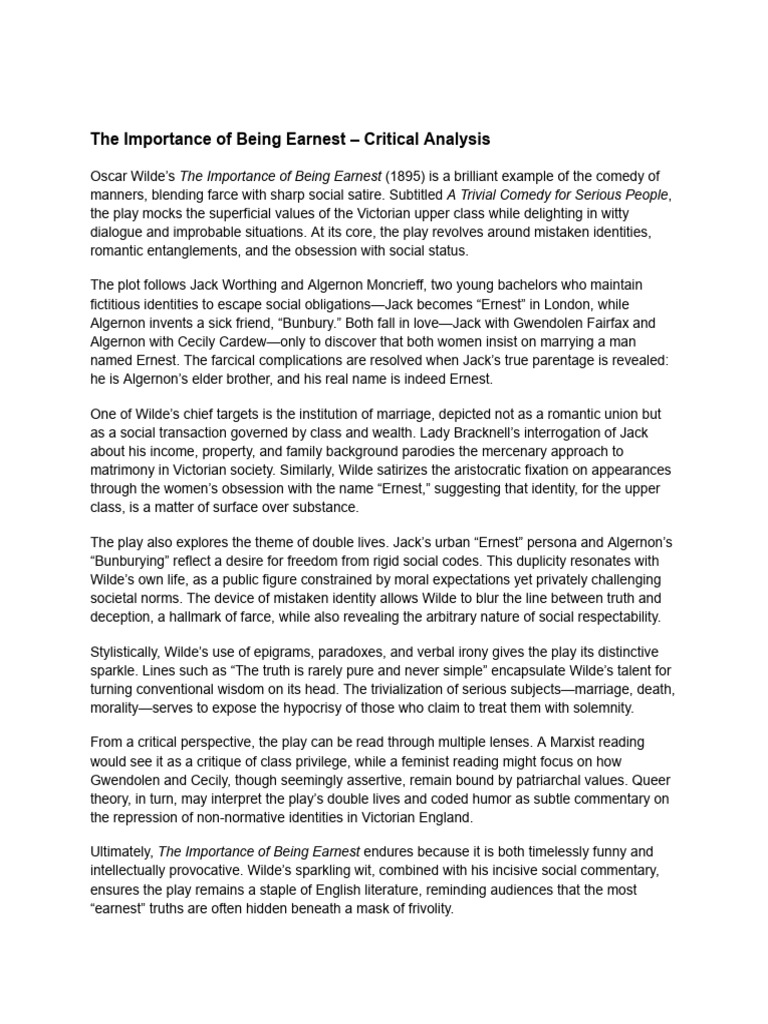 The Importance of Being Earnest Notes 3 | PDF | The Importance Of Being ...