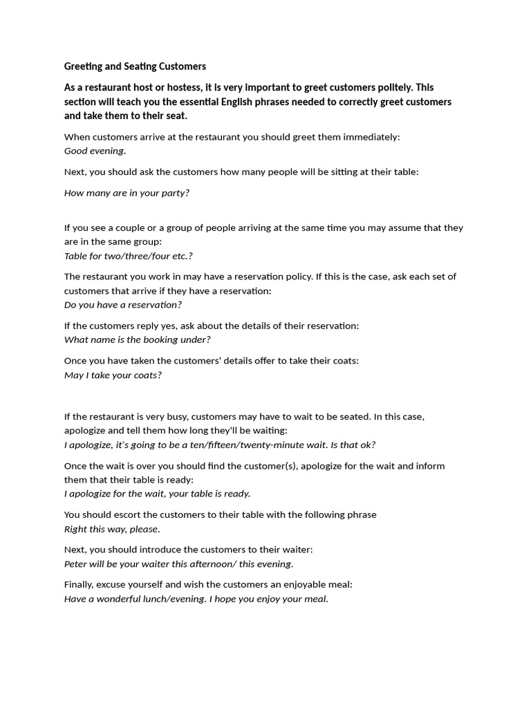 Greeting and Seating Customers | PDF