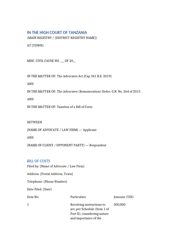 Bill of Costs Taxation Notice Tanzania | PDF | Public Law | Justice