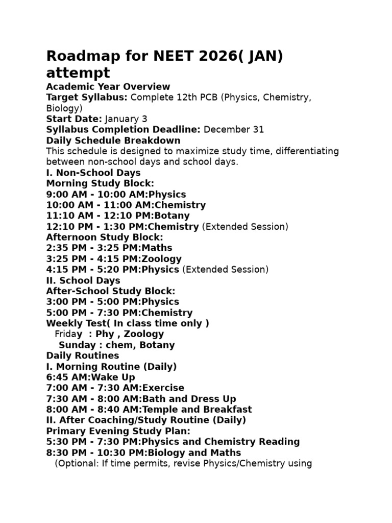 Roadmap For NEET 2026 (JAN) Attempt | PDF