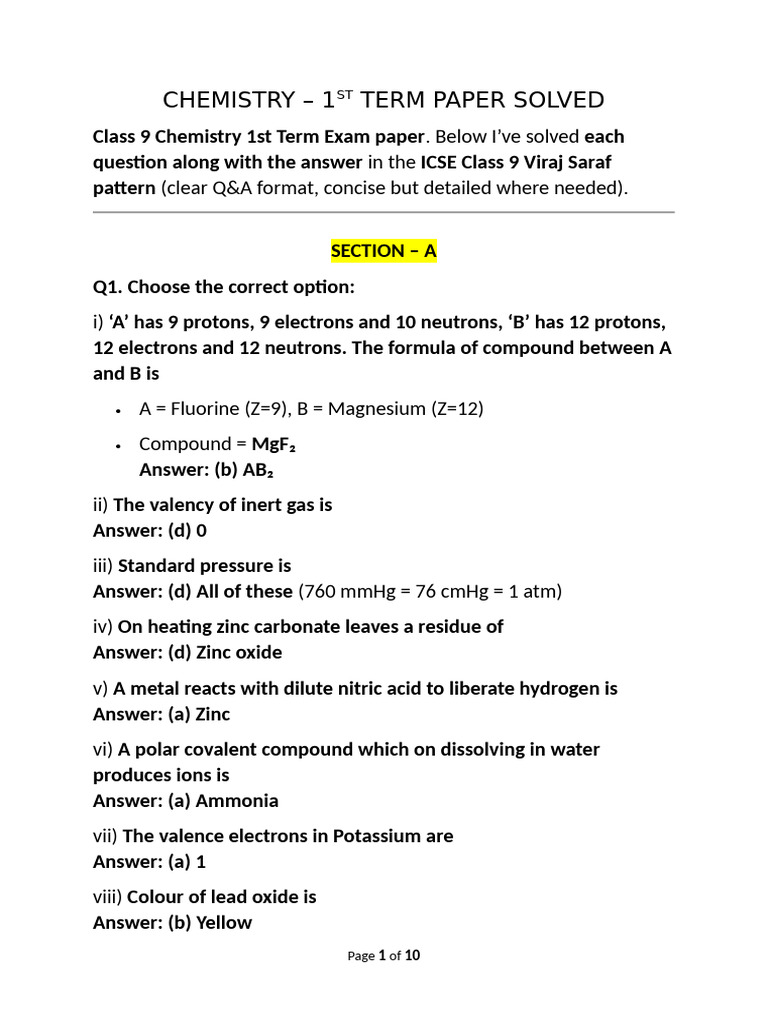 CHEMISTRY - 1st Term SOLVED Question Paper | PDF | Chemical Compounds ...