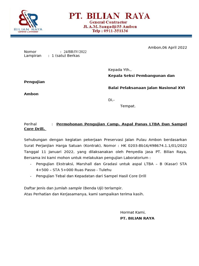 Surat Uji Sampel Aspal LTBA - April | PDF