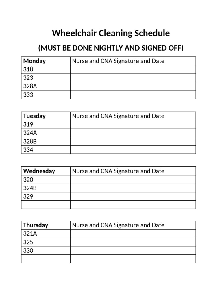Wheelchair Cleaning Schedule Signature Sign Off Sheets | PDF