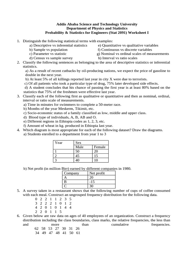 Prob&Stat Worksheet I For ASTU | PDF | Statistics | Average
