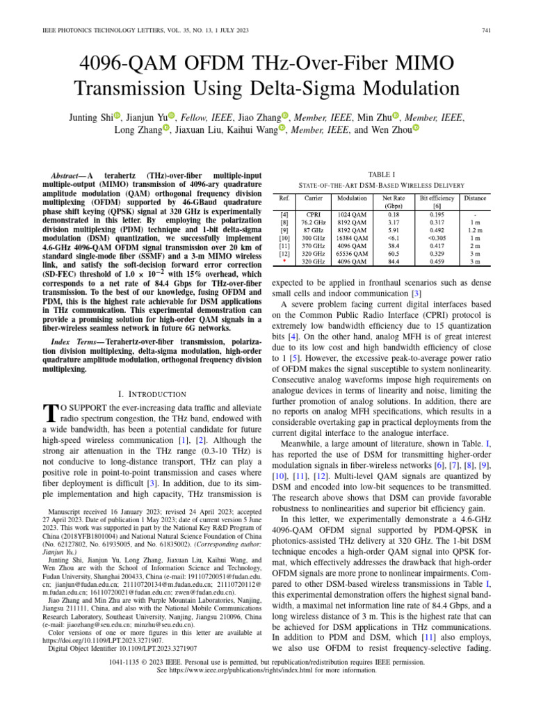 4096-QAM OFDM THz-Over-Fiber MIMO Transmission Using Delta-Sigma ...
