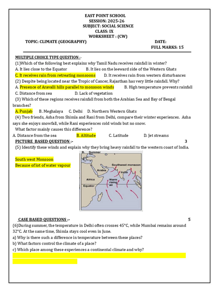 Climate Worksheet for Class IX Social Science | PDF | Monsoon | Rain