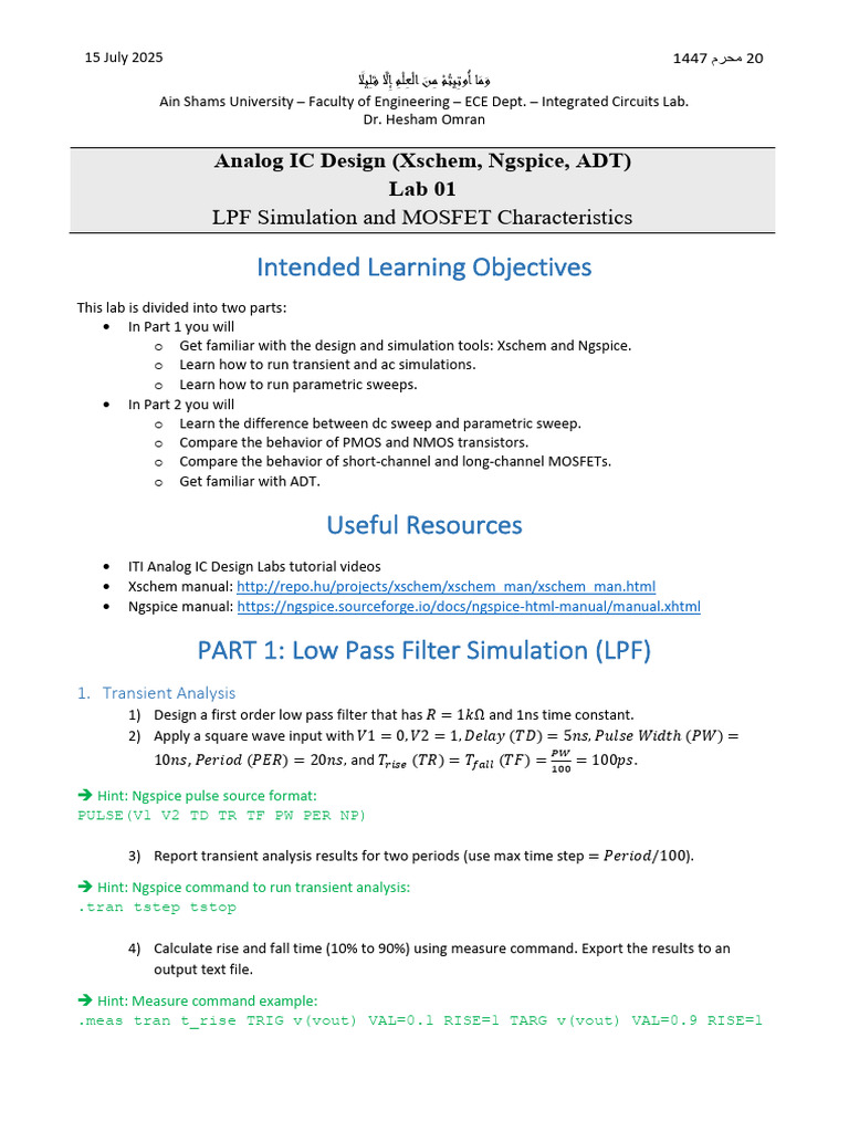 Aic Lab Xschem 01 LPF Mos DC v01 | PDF | Mosfet | Transistor
