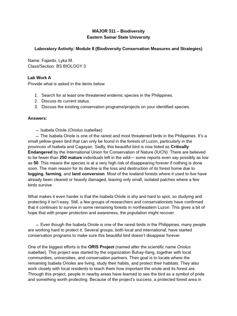 Module 8 - Lab Activity (Biodiversity Conservation Measures and ...