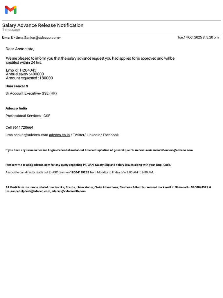 Gmail - Salary Advance Release Notification | PDF