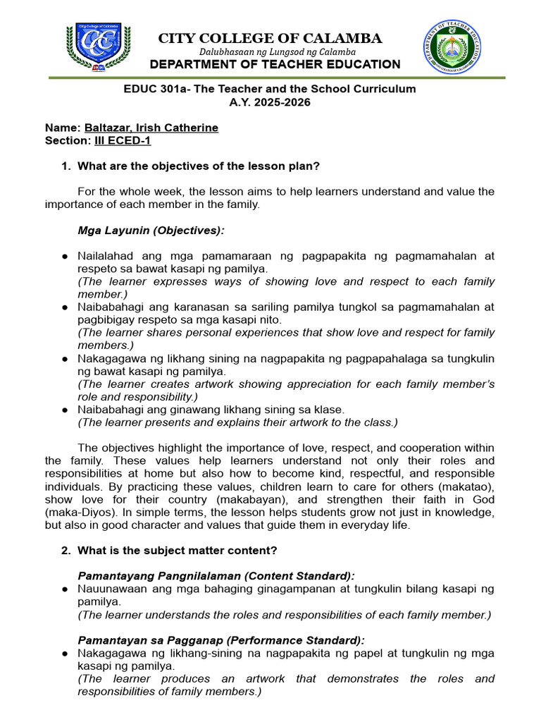 EDUC 301a - The Teacher and The School Curriculum | PDF | Lesson Plan ...