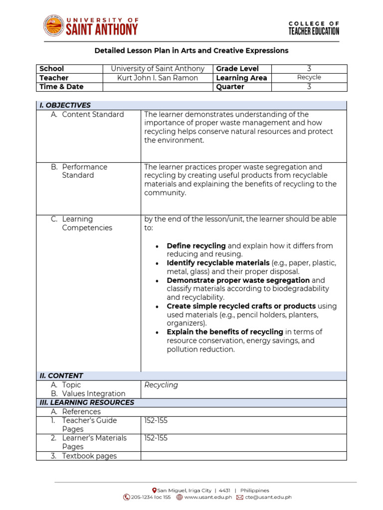 Recycling Lesson Plan for Grade 3 | PDF | Recycling | Waste
