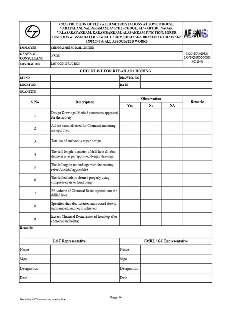 Rebar Anchoring Checklist for Metro Construction | PDF | Industrial Processes | Mechanical ...