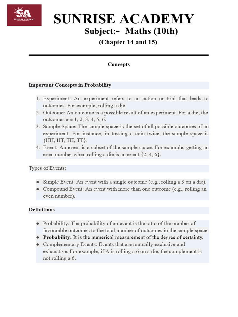Maths Probability Concepts for 10th Grade | PDF | Probability ...