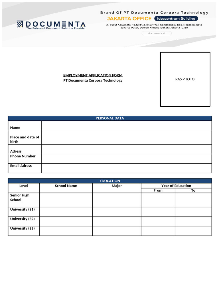 Employment Application Form - PT Documenta Corpora Technology (English ...