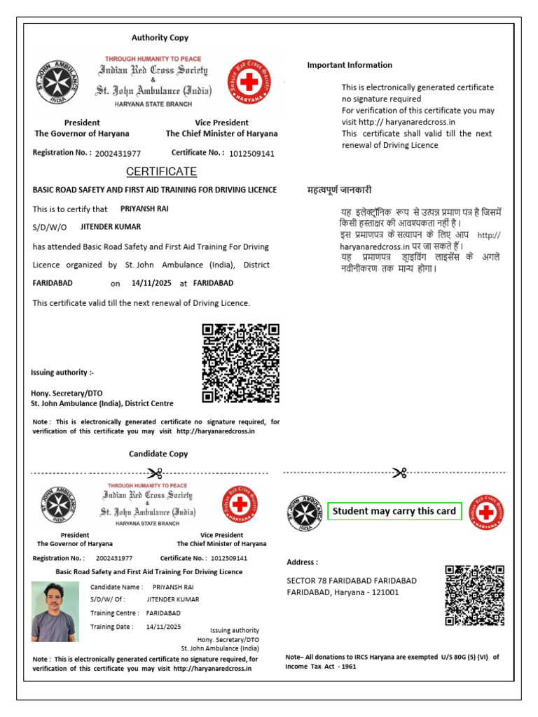 Basic Road Safety Training Certificate | PDF