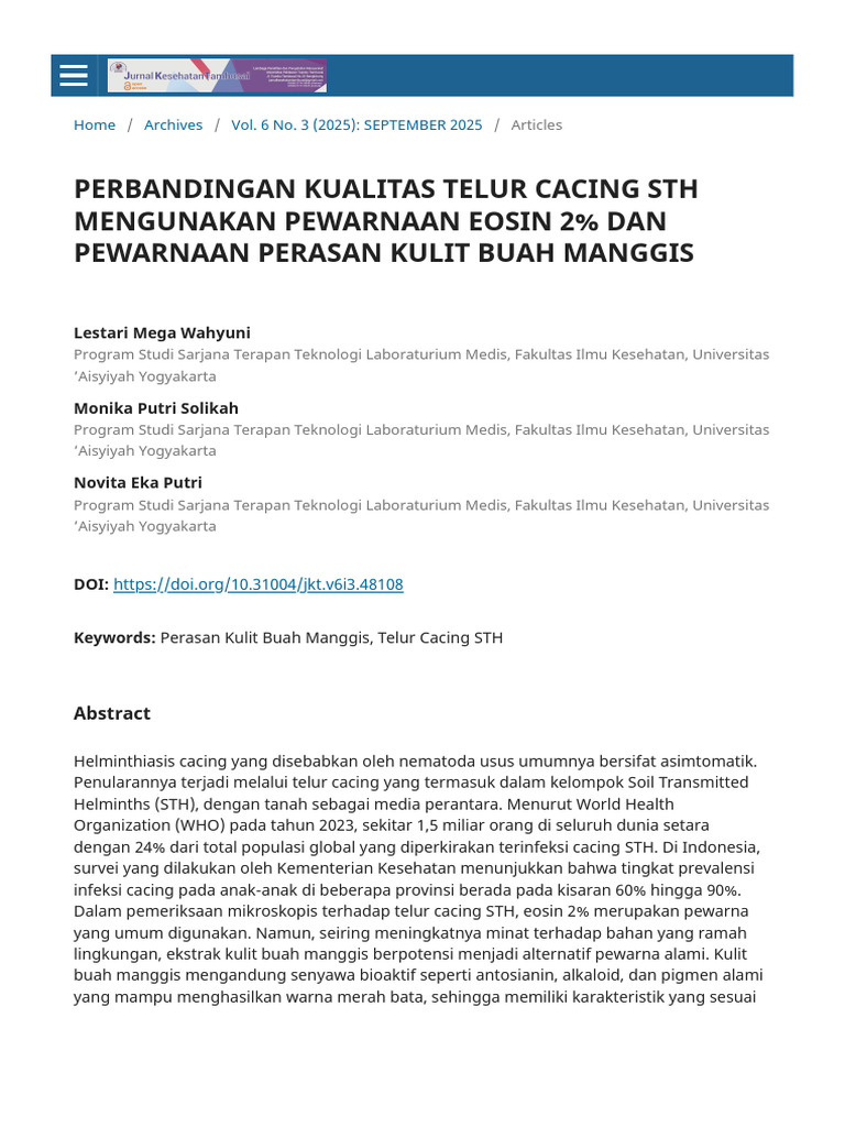 Perbandingan Kualitas Telur Cacing Sth Mengunakan Pewarnaan Eosin 2% ...