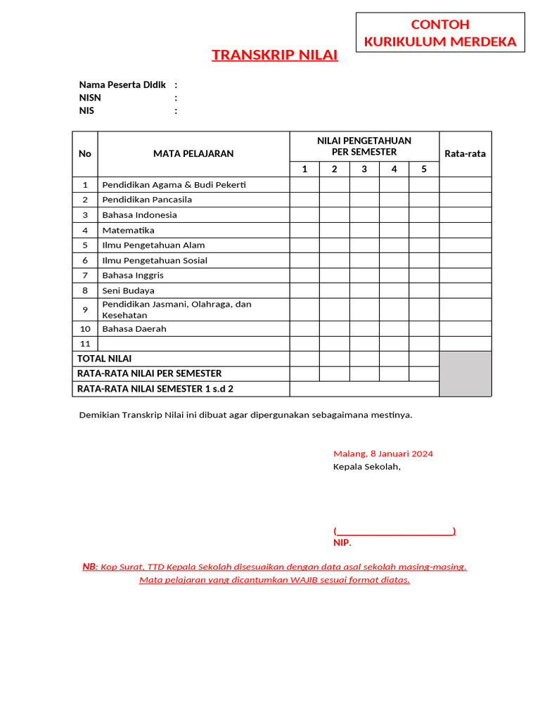 Contoh Transkrip Nilai-Kurikulum Merdeka | PDF