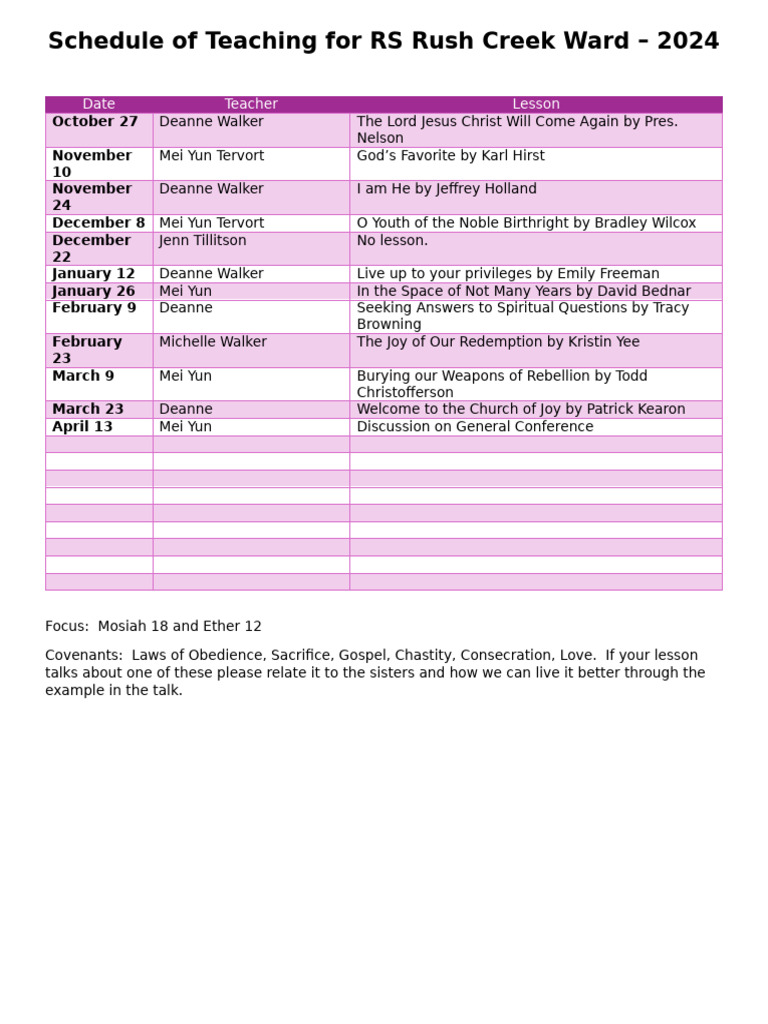 2024 RS Rush Creek Ward Teaching Schedule | PDF