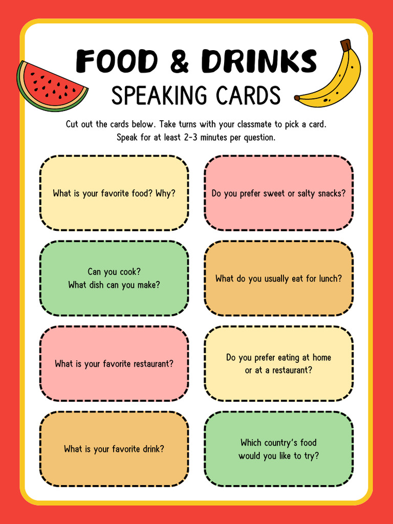Food and Drinks Speaking Cards Template in Red Orange Simple Style | PDF
