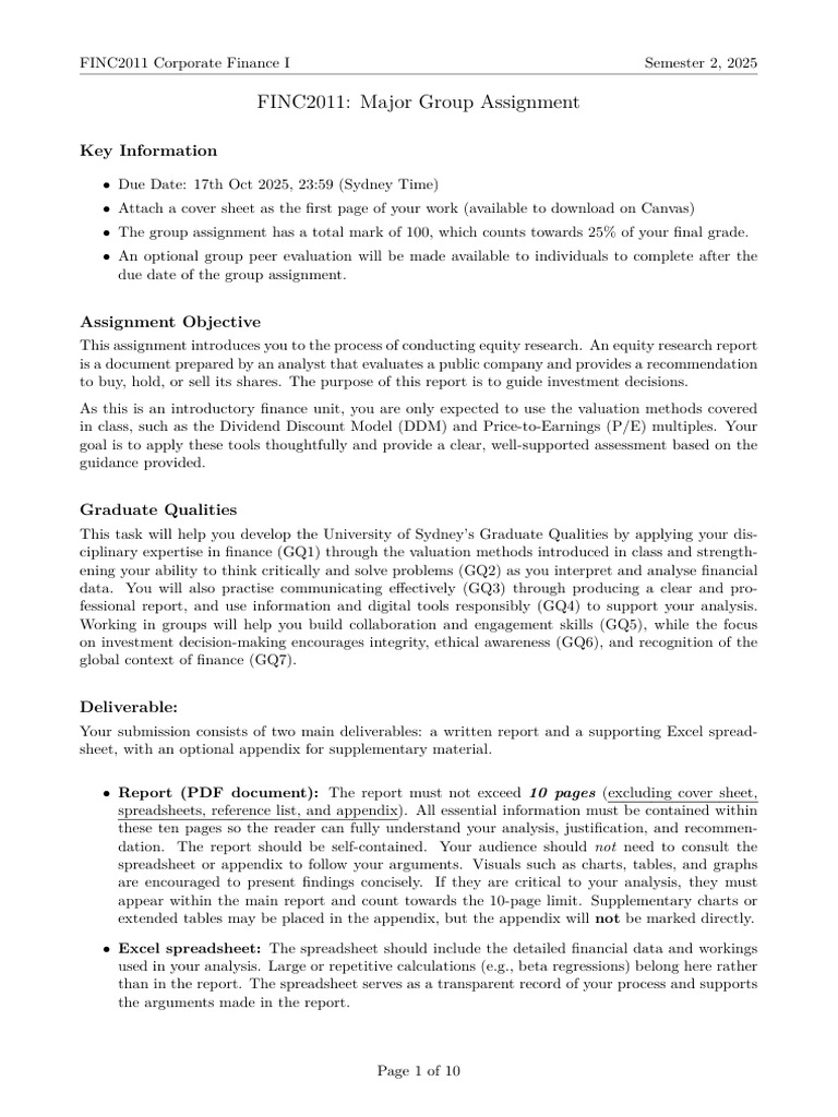 FINC2011 Assignment S2 2025 | PDF | Valuation (Finance) | Capital Asset ...