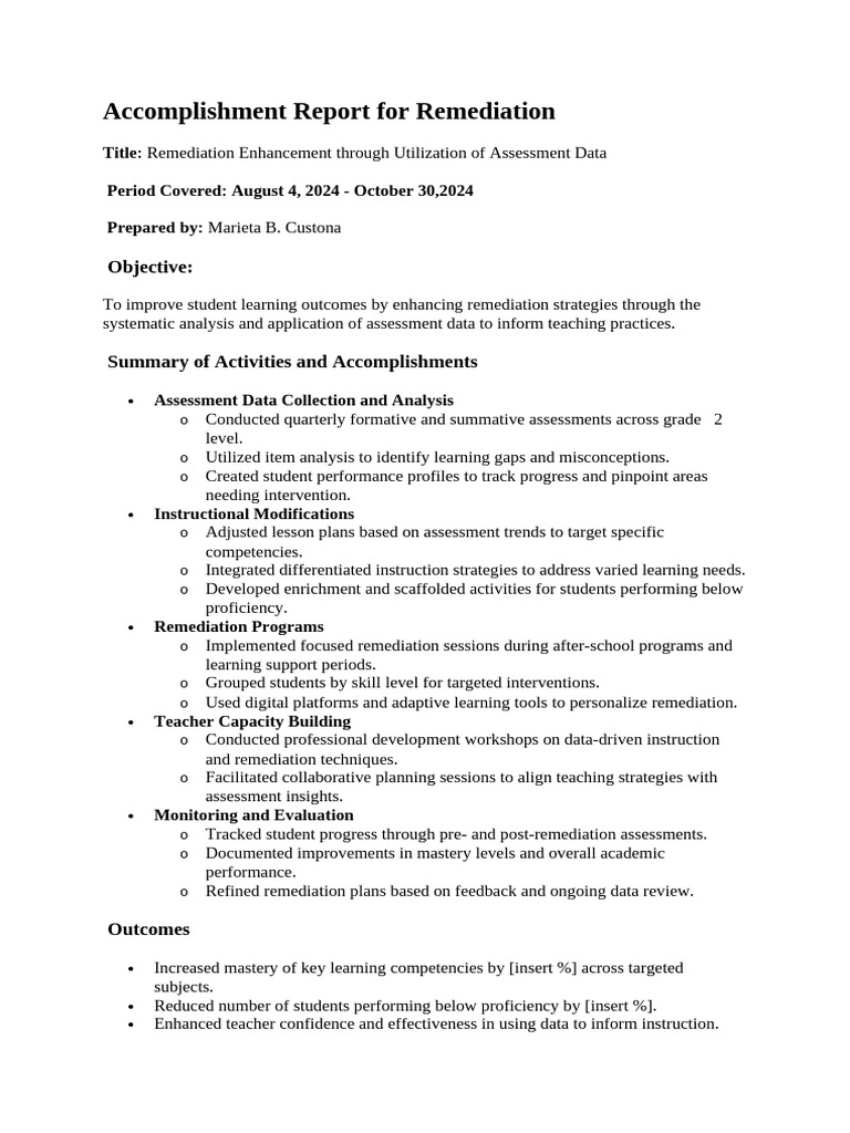 Accomplishment Report 4 Remediation | PDF | Educational Assessment ...