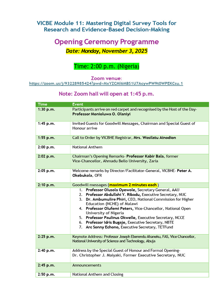 VICBE Module 11 Opening Ceremony Agenda | PDF