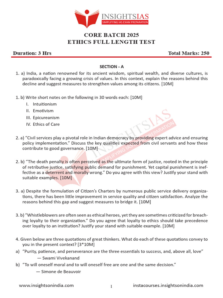 Ethics Test for Civil Services 2025 | PDF