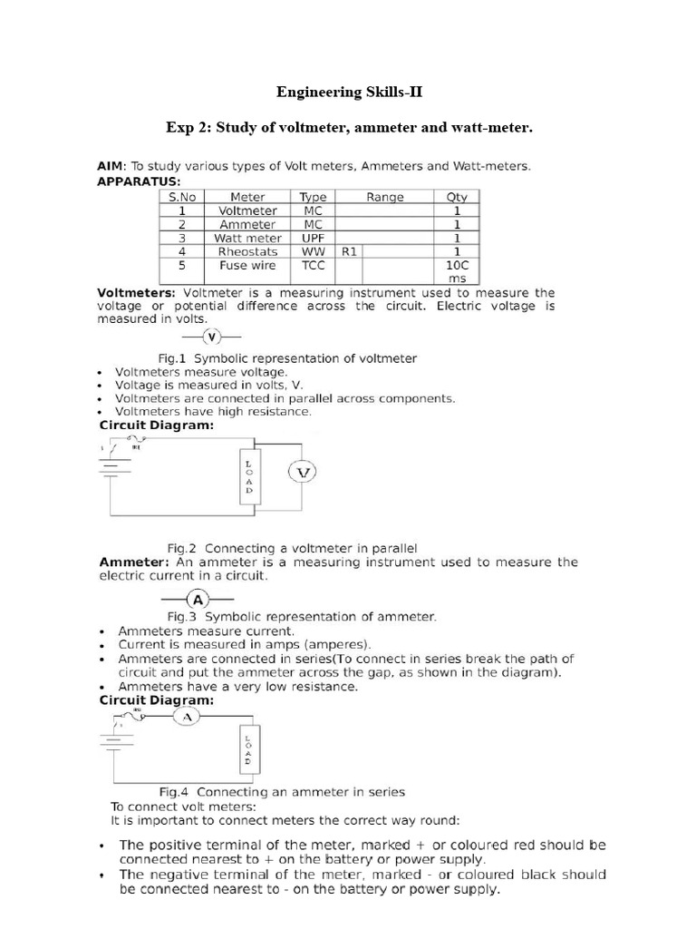 Exp 2 Study of Ammeter, Voltmeter, Wattmeter | PDF | Electrical Engineering | Electrical Components