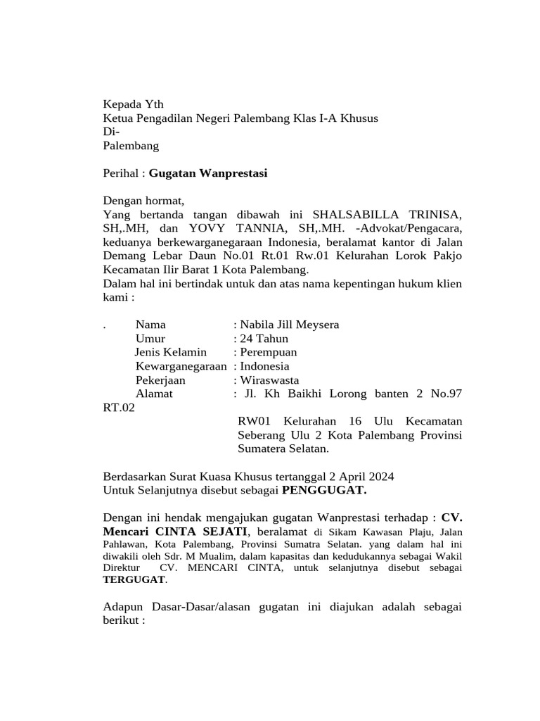 Gugatan Wanprestasi Adis Amalia Vs Cv. Putra Muba Mandiri | PDF
