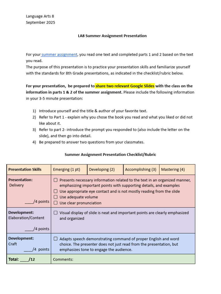 LA8 Summer Assignment Presentation Instructions & Rubric 2025 | PDF