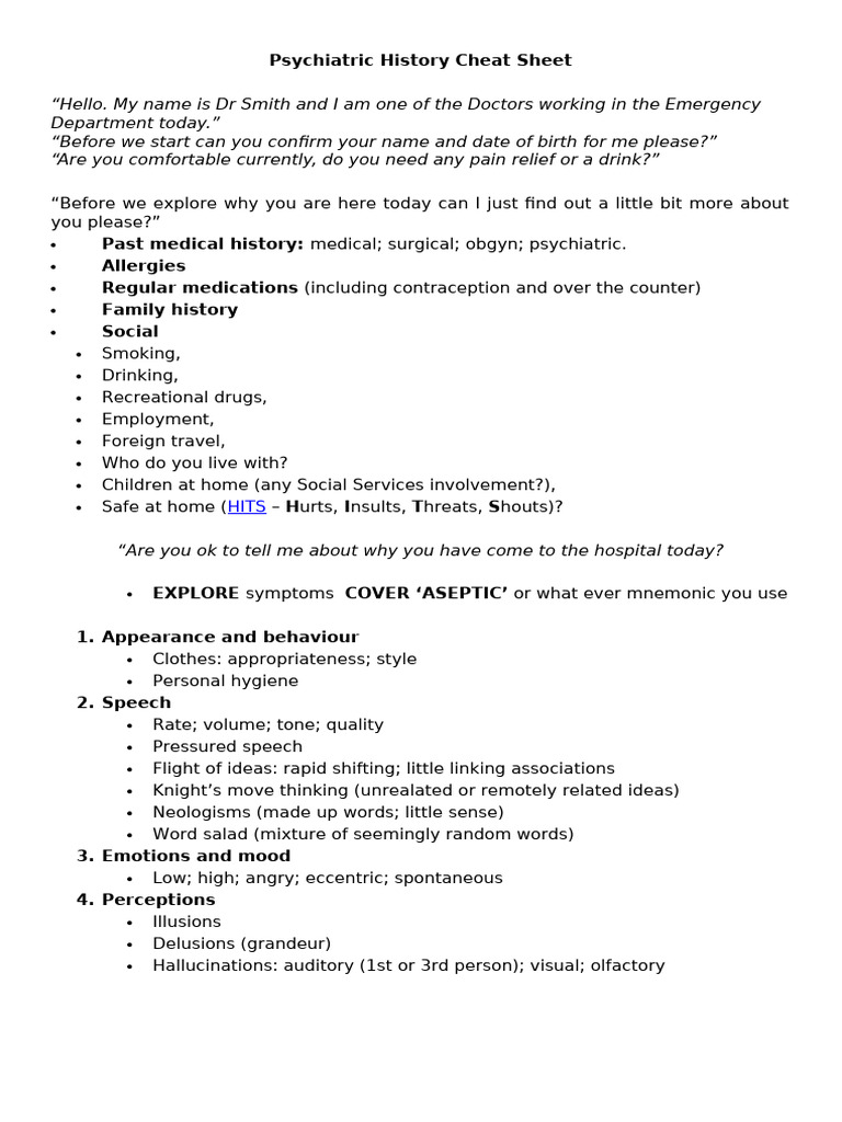 Psychiatric History Cheat Sheet | PDF | Schizophrenia | Hallucination