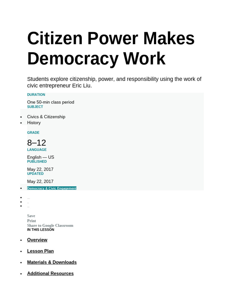 Citizen Power Makes Democracy Work | PDF | Citizenship | Civics