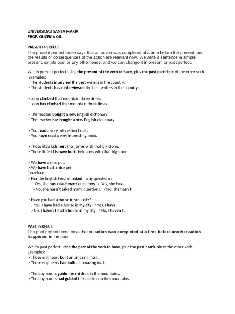 Present and Past Perfect Tense | PDF | Verb | Perfect (Grammar)