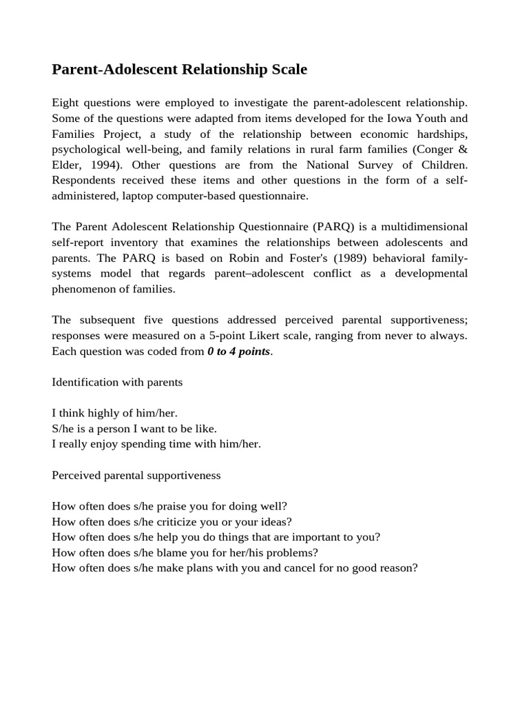 20- Parent-Adolescent Relationship Scale, Adolescent Self-esteem ...