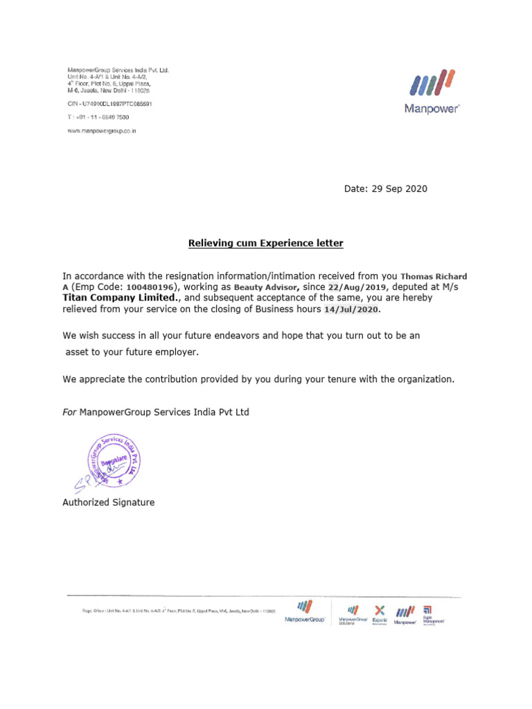 Relieving Letter for Thomas Richard | PDF