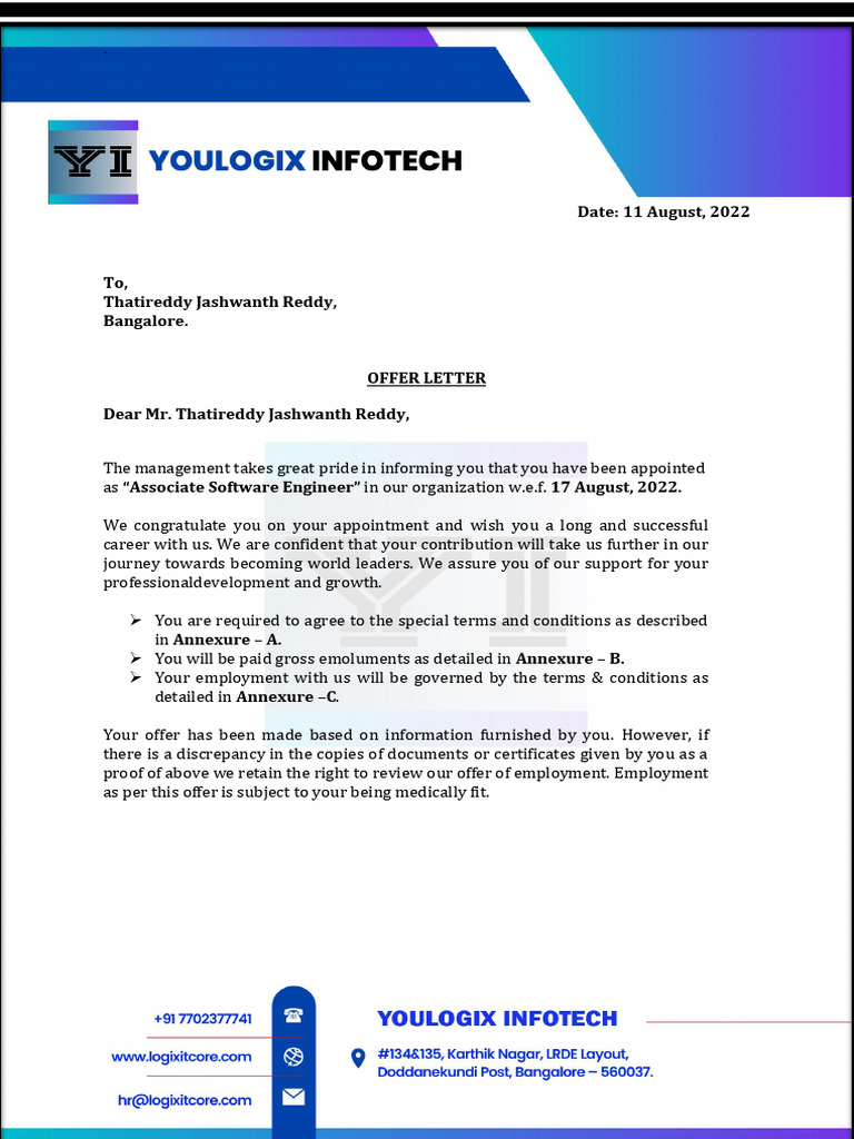 Offer Letter for Associate Software Engineer | PDF | Employment