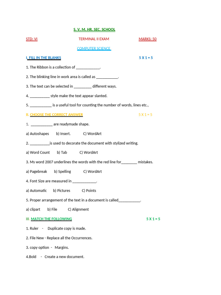 STD - VI Terminal II Exam QP | PDF | Microsoft Word | Text