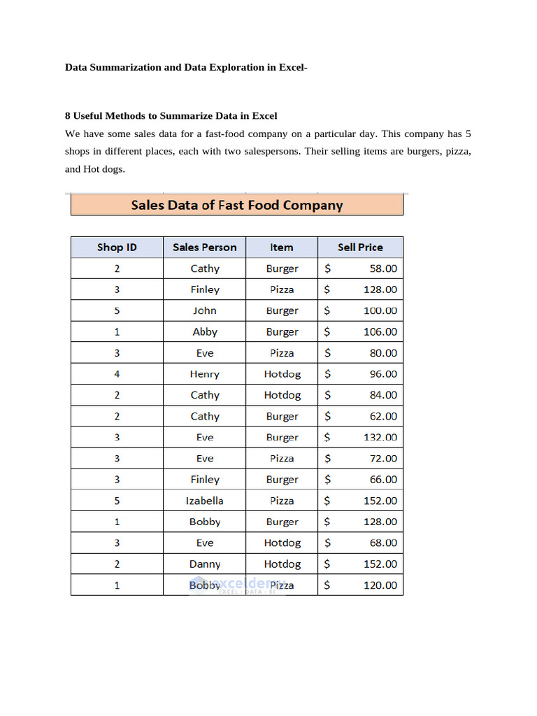 Data Summarization and Data Exploration in Excel-Unit 2 | PDF | Statistics | Data Analysis