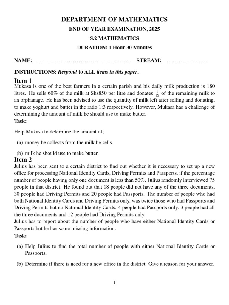 s.2 Maths Eot3 2025 Exam | PDF | Identity Document | Tent