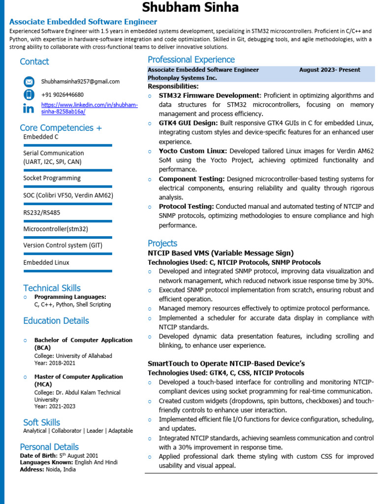 Shubham Sinha - C++ Developer | PDF | Embedded System | Computer ...