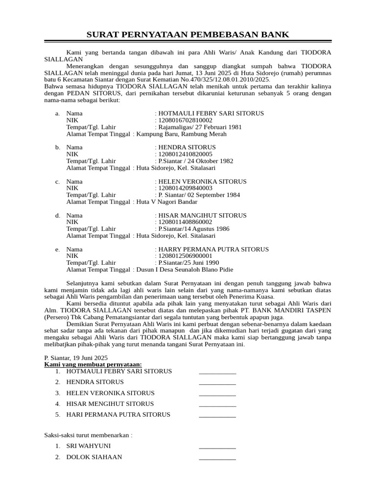 Surat Pernyataan Ahli Waris TIODORA SIALLAGAN | PDF
