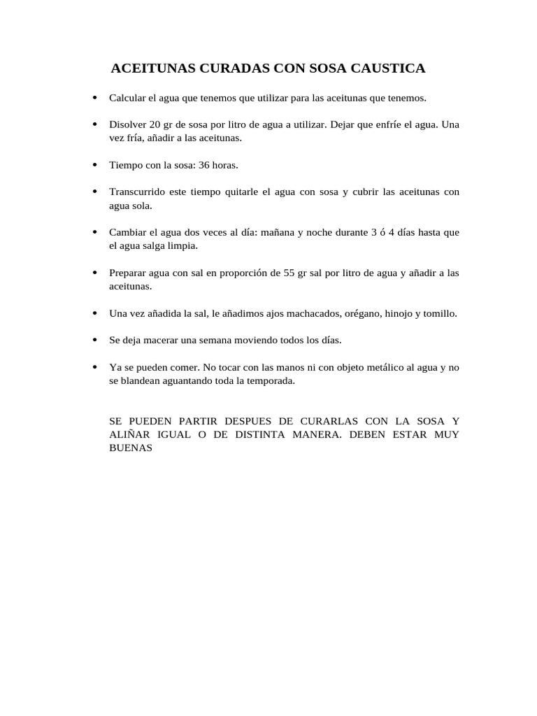 Aceitunas Curadas Con Sosa Caustica | PDF