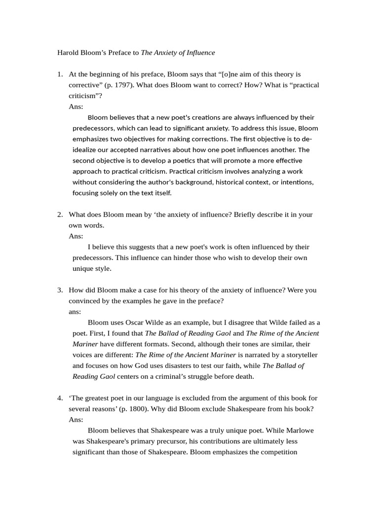 Study Questions For Harold Bloom's The Anxiety of Influence | PDF
