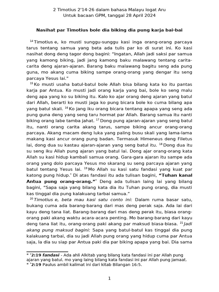 2 Timotius 2'14-26 Par Bacaan GPM, Tgl 28 April 2024 | PDF