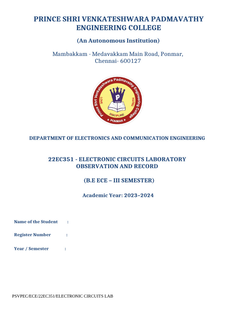 22ec351 Electronic Circuits Lab Manual _regulation 22 | PDF | Amplifier | Electronic Oscillator