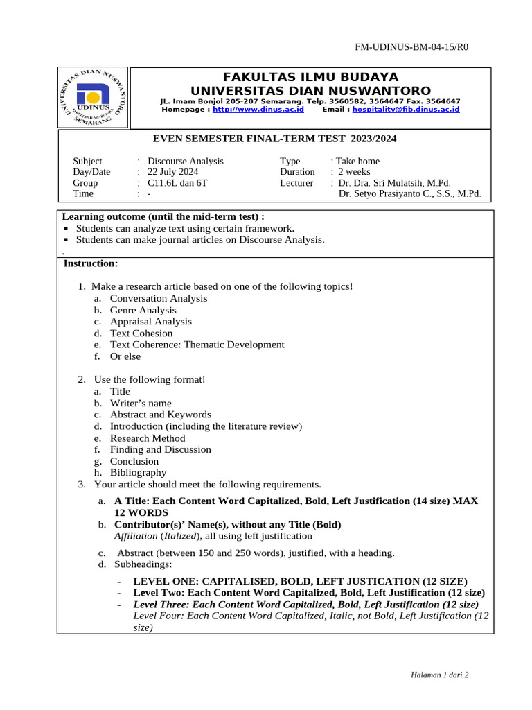 UAS_ Discourse Analysis | PDF | Human Communication | Methodology