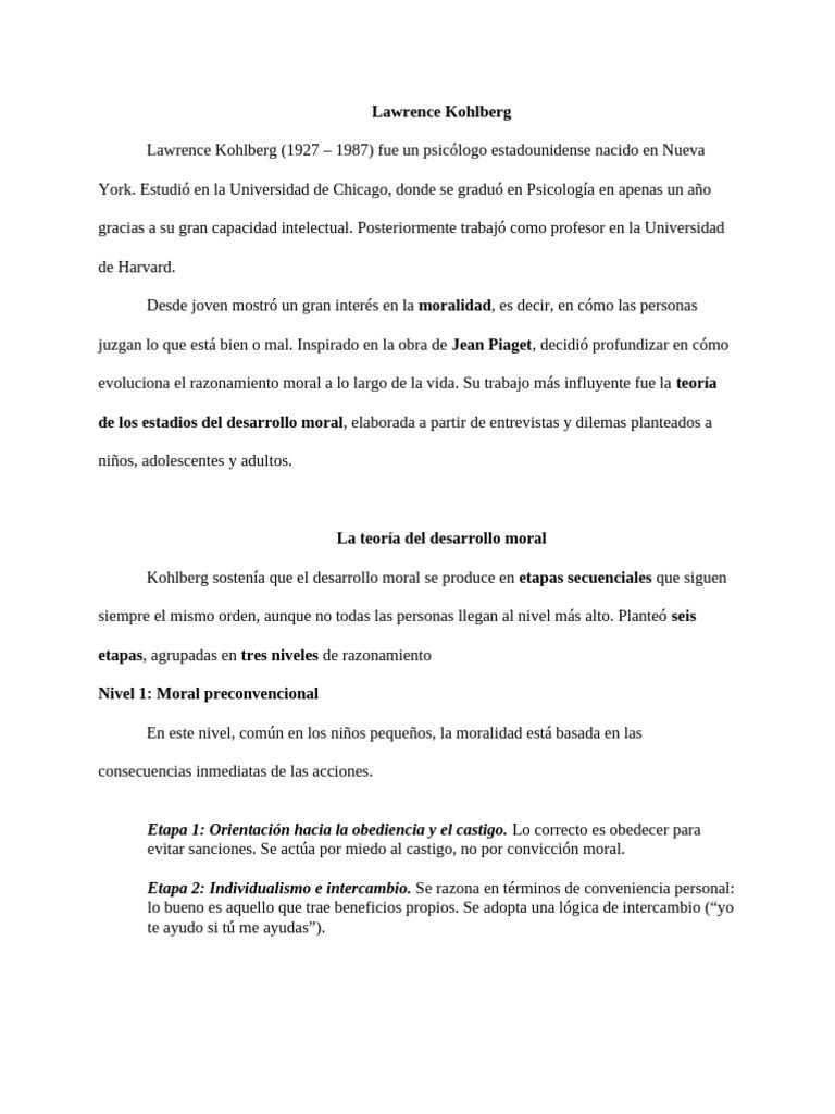 Teoría del desarrollo moral de Kohlberg | PDF | Moralidad | Psicología ...