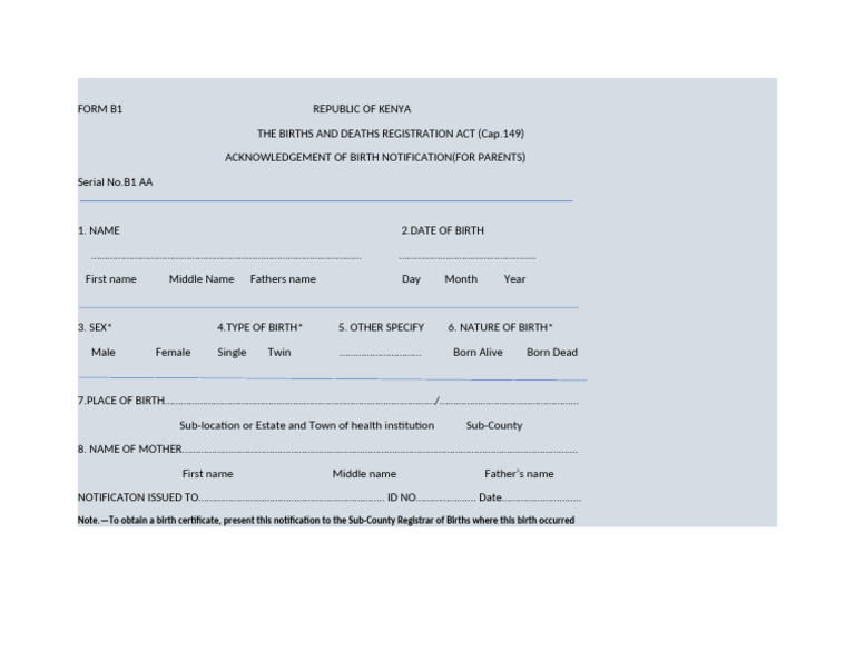 B1 Birth Notification Form Kenya | PDF