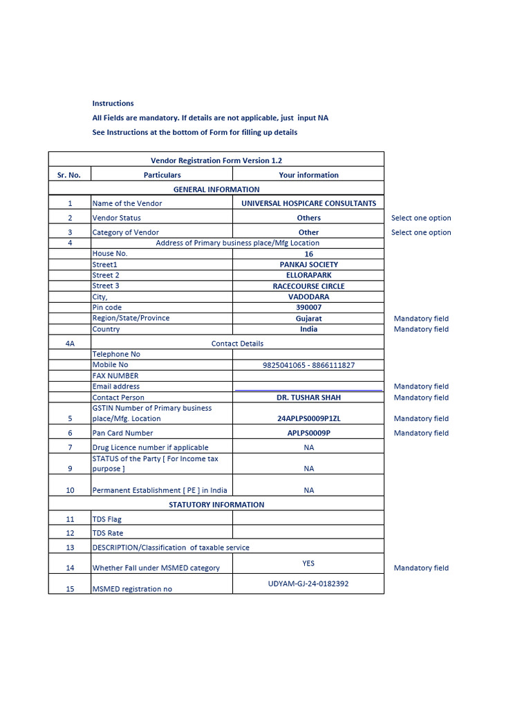 Cadila Healthcare Limited Zydus Vendor Regn Form | PDF | Payments | Government Finances