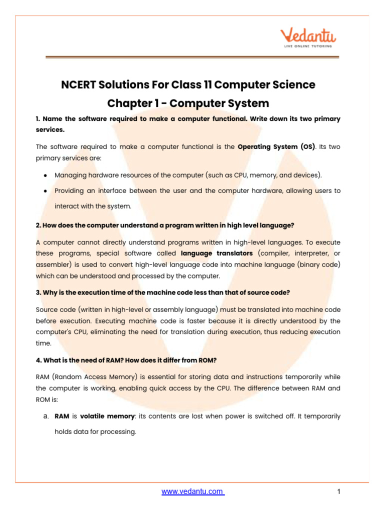 NCERT Solutions Class 11 Computer Science Chapter 1 Computer System ...